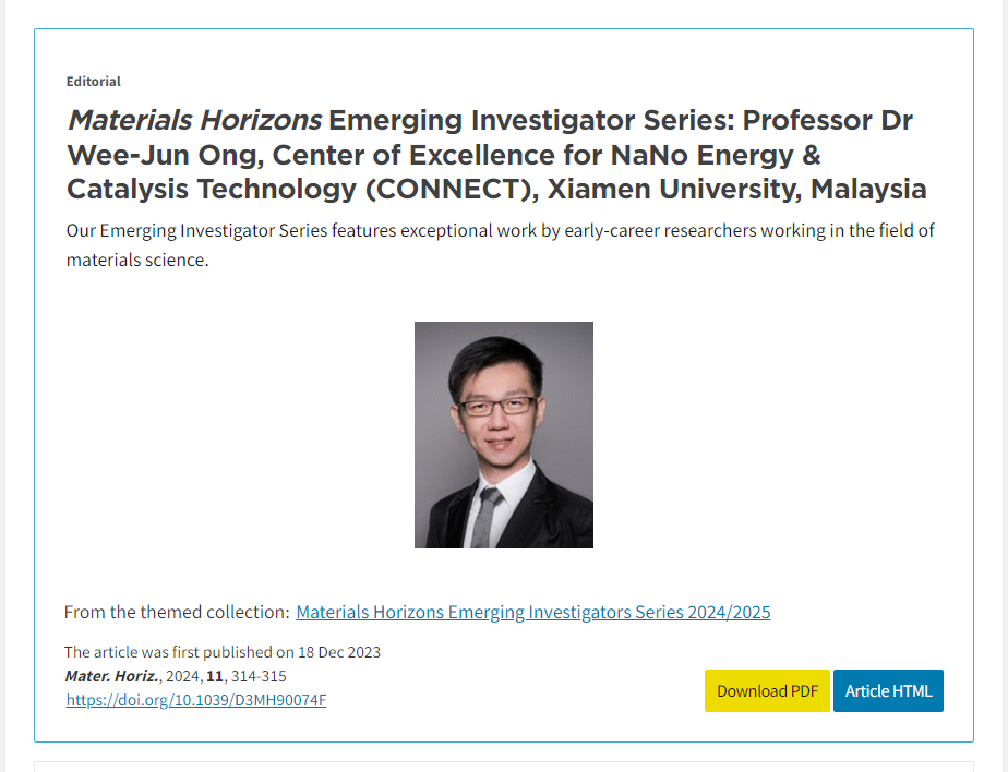 Prof. Ong Wee Jun Featured in Materials Horizons Emerging Investigator ...