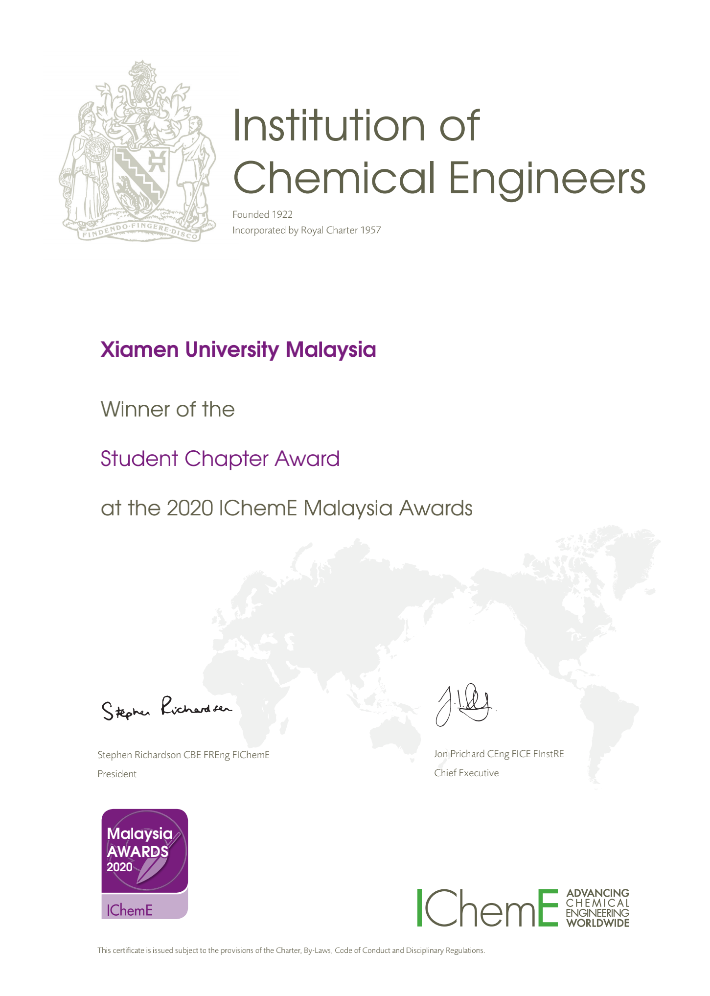 XMUM Wins IChemE Student Chapter Award 2020 | Xiamen University